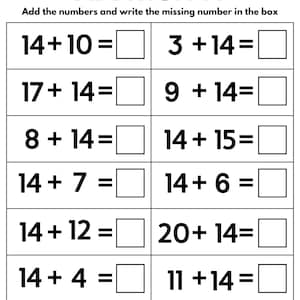 60 Printable Addition Fill in the Blanks Worksheets numbers 1-20 for ...