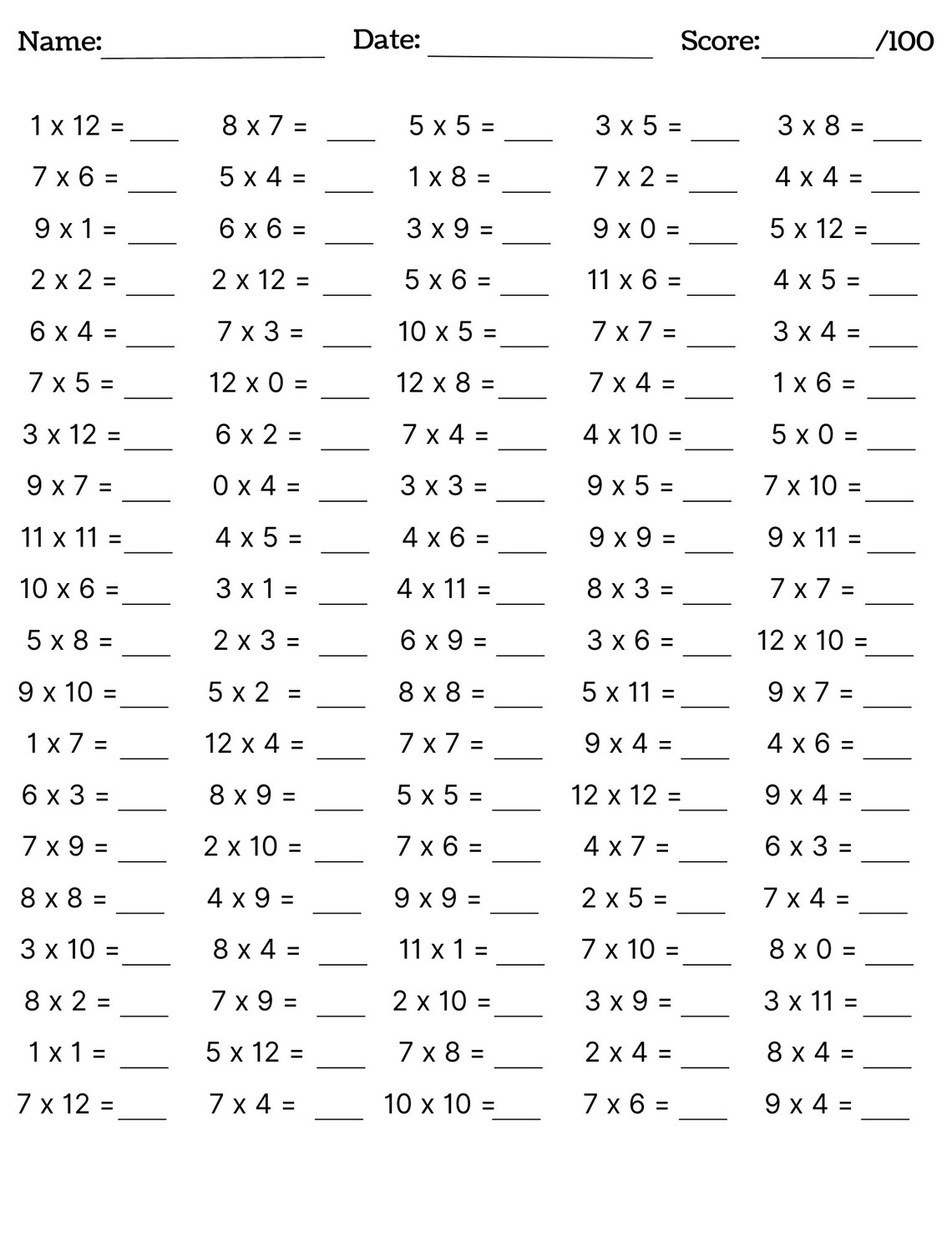 10 Printable Maths Drills Multiplications Worksheets 1-12x - Etsy