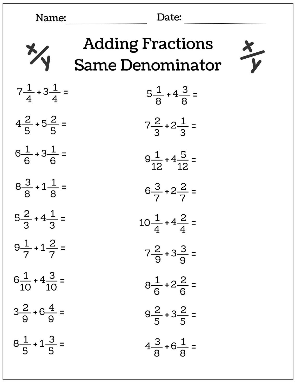 10 Printable Adding Mixed Numbers Fractions Worksheets (same ...
