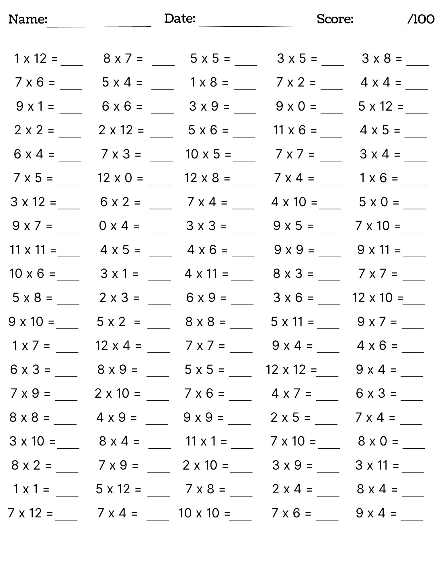 10 Printable Multiplication Worksheets, Fill in the Blanks - Single ...