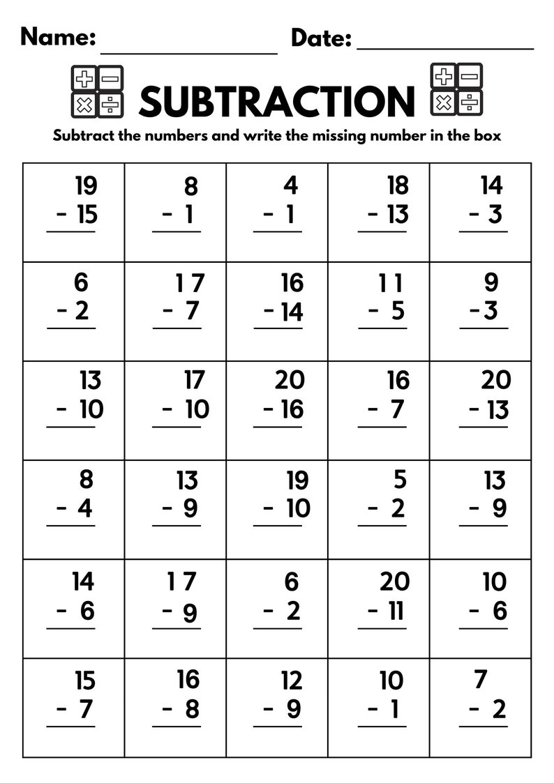 10 Printable Subtraction Fill in the Blanks Worksheets (numbers 1-20 ...