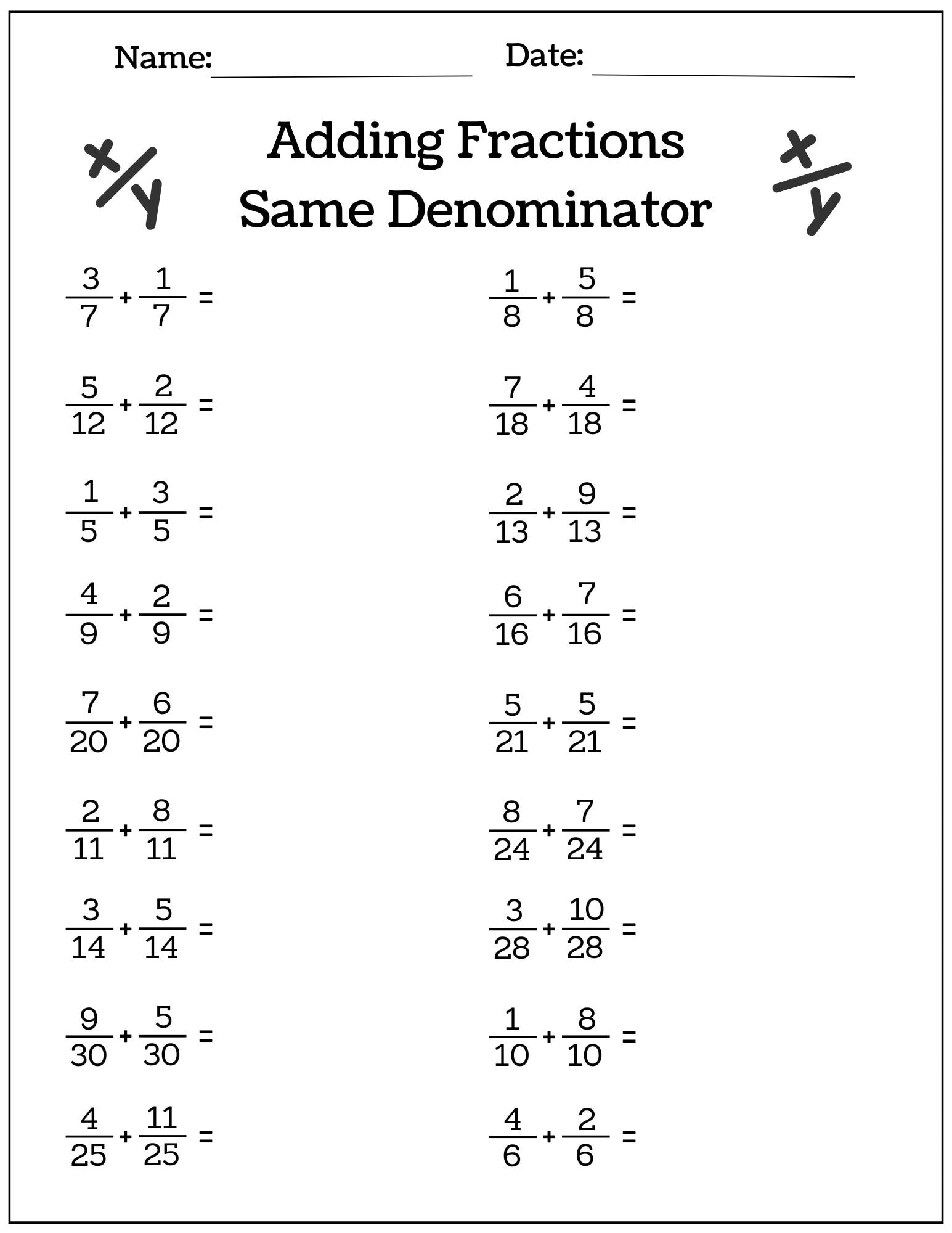 10 Printable Adding Fractions Worksheets With Same Denominators ...