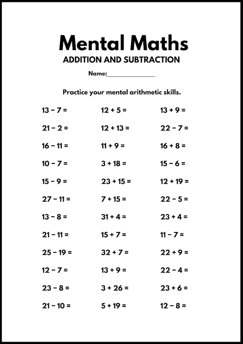 7 Printable Additition and Subtraction Worksheets, Mental Maths ...