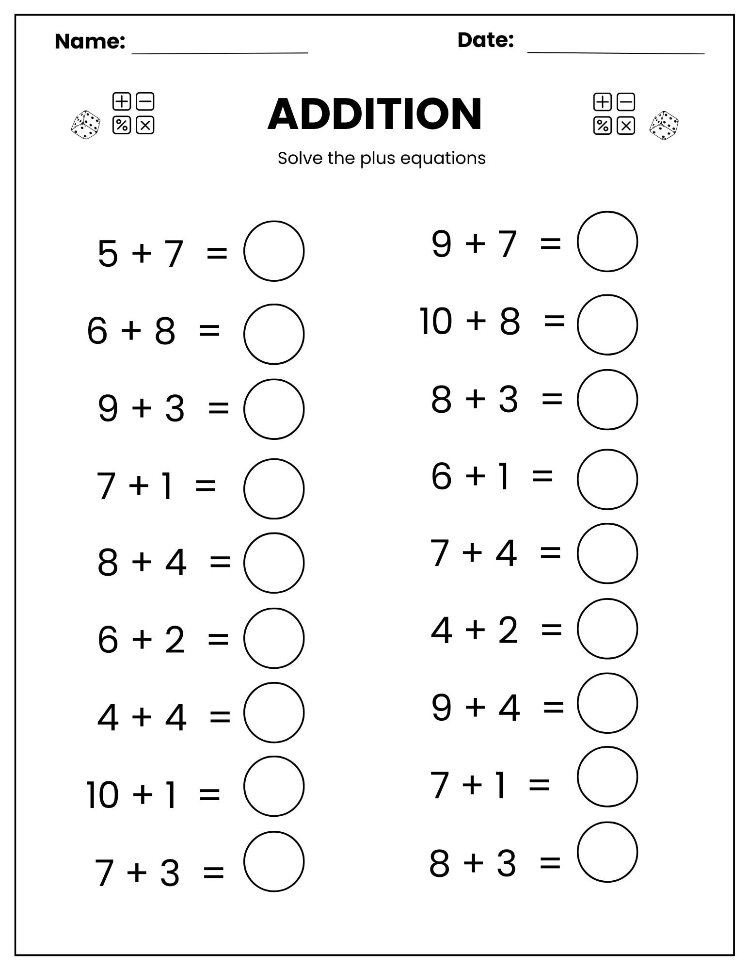 10 Printable Addition & Subtraction Worksheets, Fill in the Blanks ...