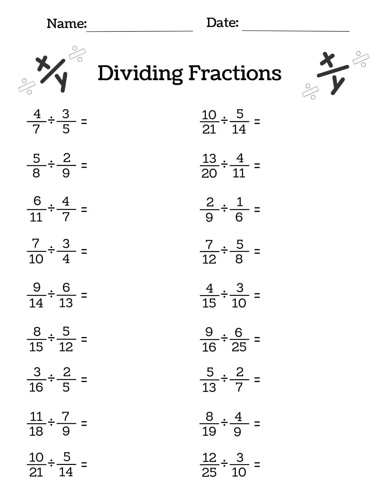 10 Printable Dividing Fractions Worksheets, Math Drills, Answers ...
