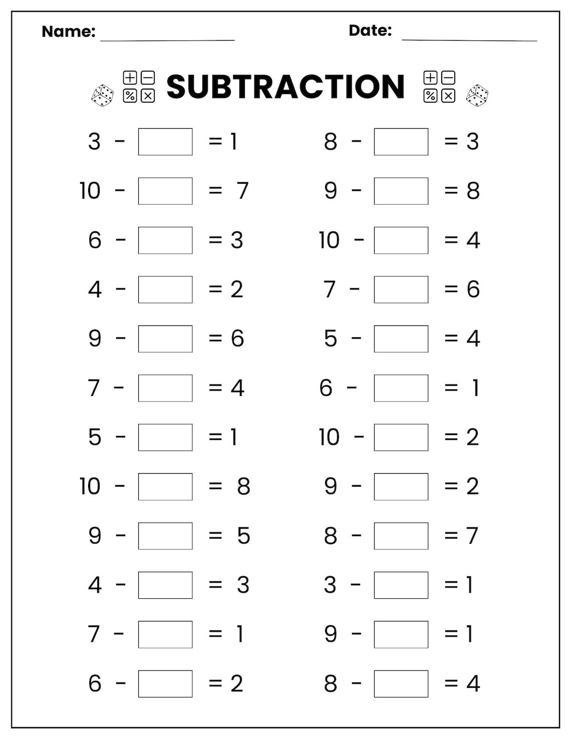 10 Printable Addition & Subtraction Worksheets, Fill in the Blanks ...