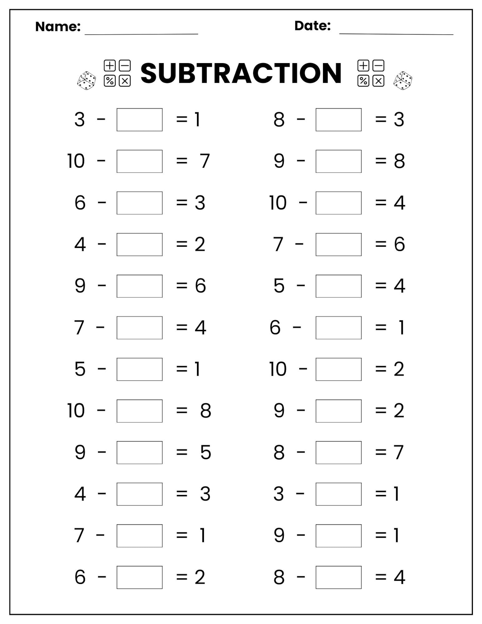 10 Printable Addition & Subtraction Worksheets, Fill in the Blanks ...
