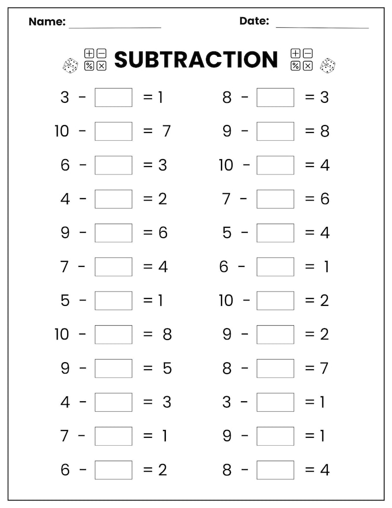 10 Printable Addition & Subtraction Worksheets, Fill in the Blanks ...