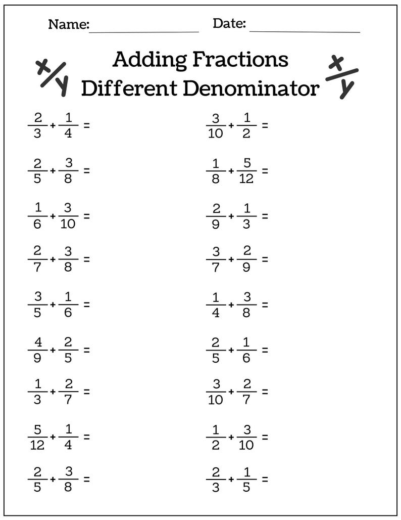 10 Printable Adding Fractions Worksheets With Different Denominators ...