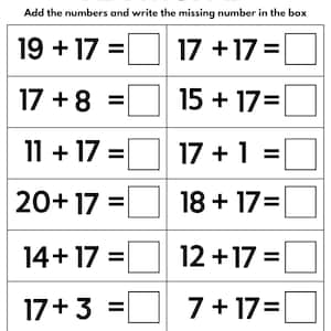 60 Printable Addition Fill in the Blanks Worksheets (numbers 1-20) for ...