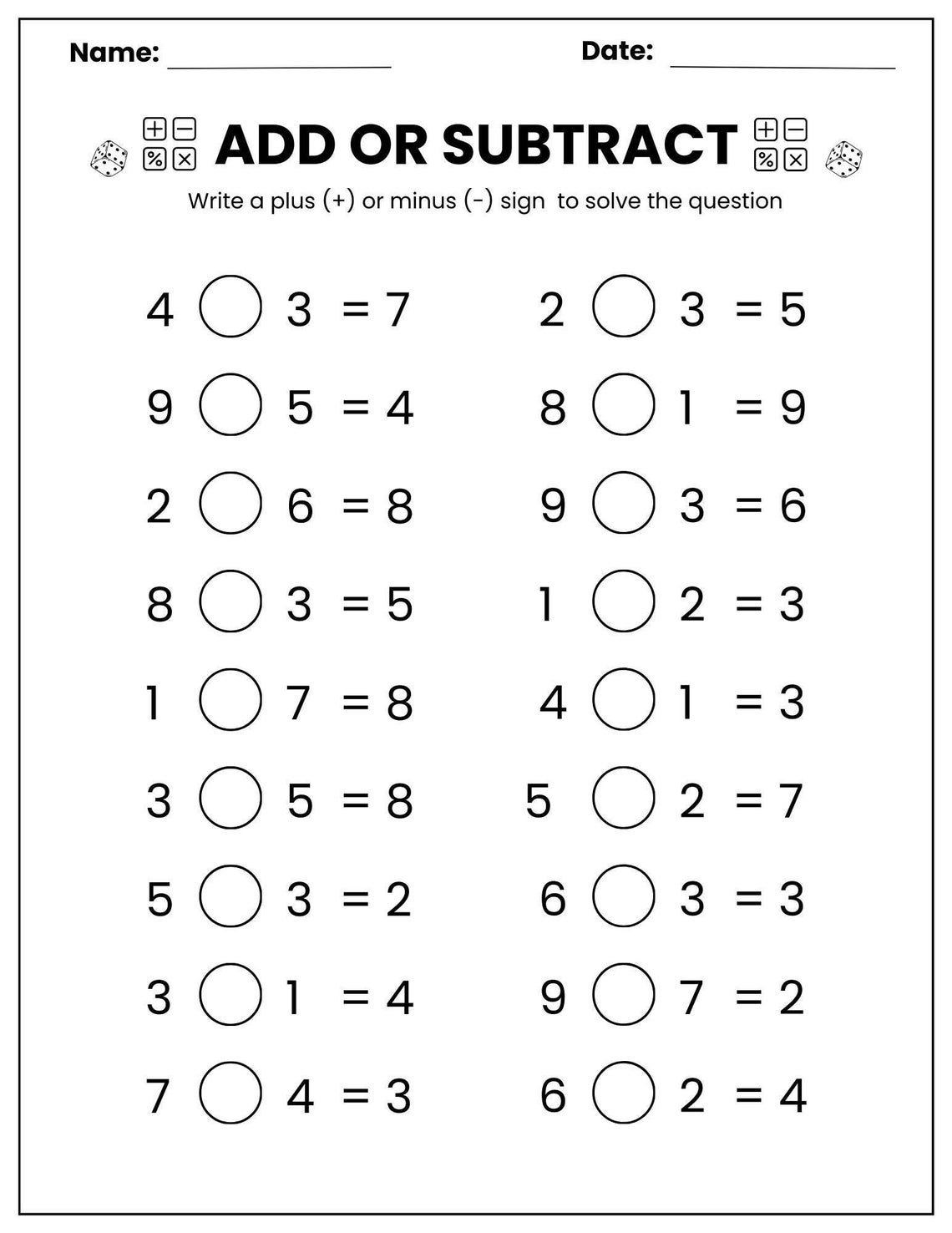 10 Printable Addition & Subtraction Worksheets, Fill in the Blanks ...