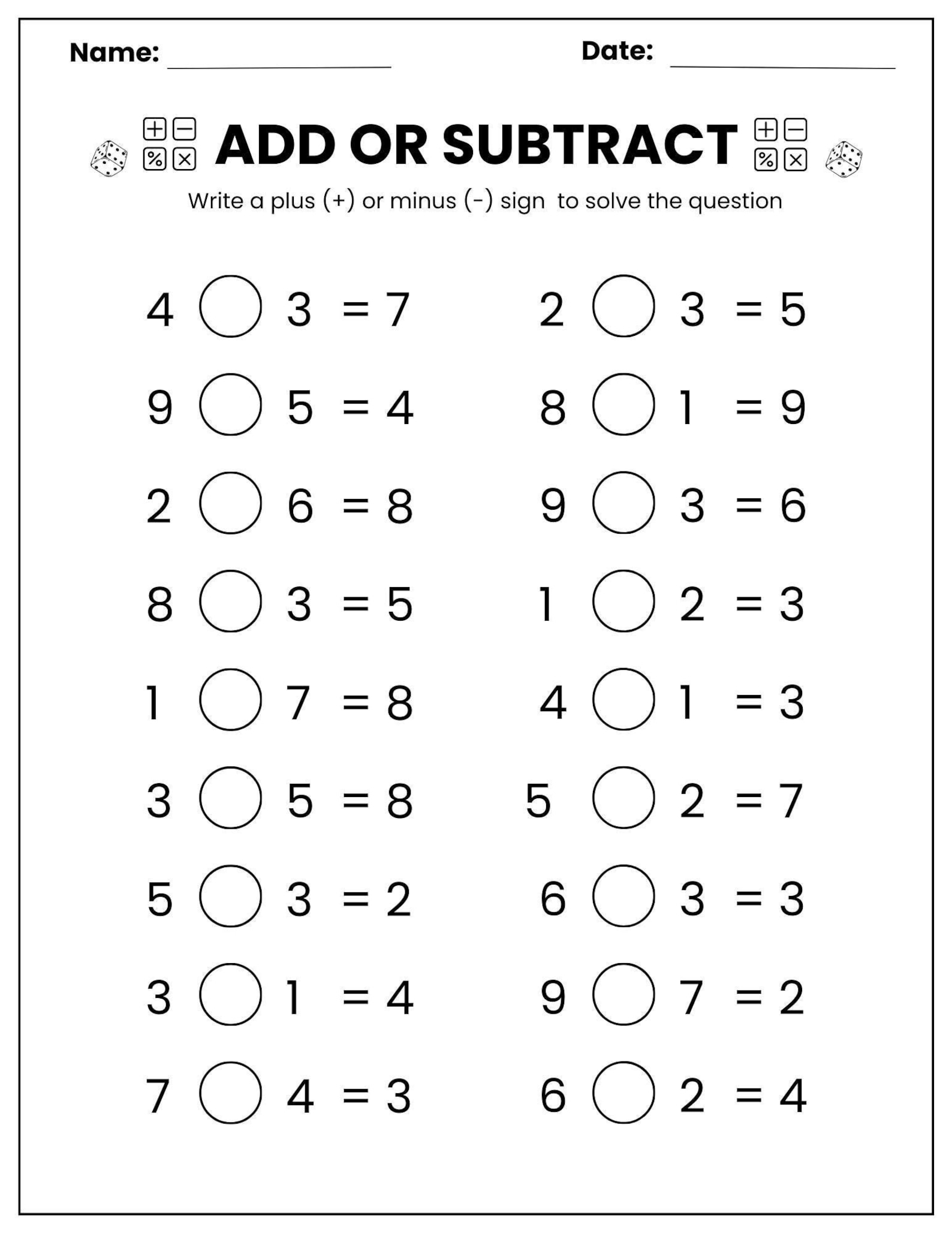 10 Printable Addition & Subtraction Worksheets, Fill in the Blanks ...