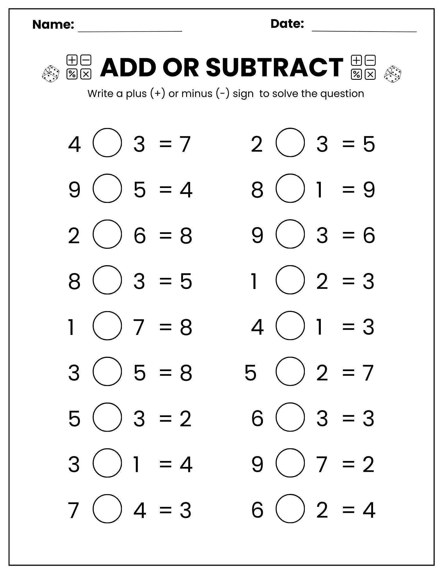 10 Printable Addition & Subtraction Worksheets, Fill in the Blanks ...