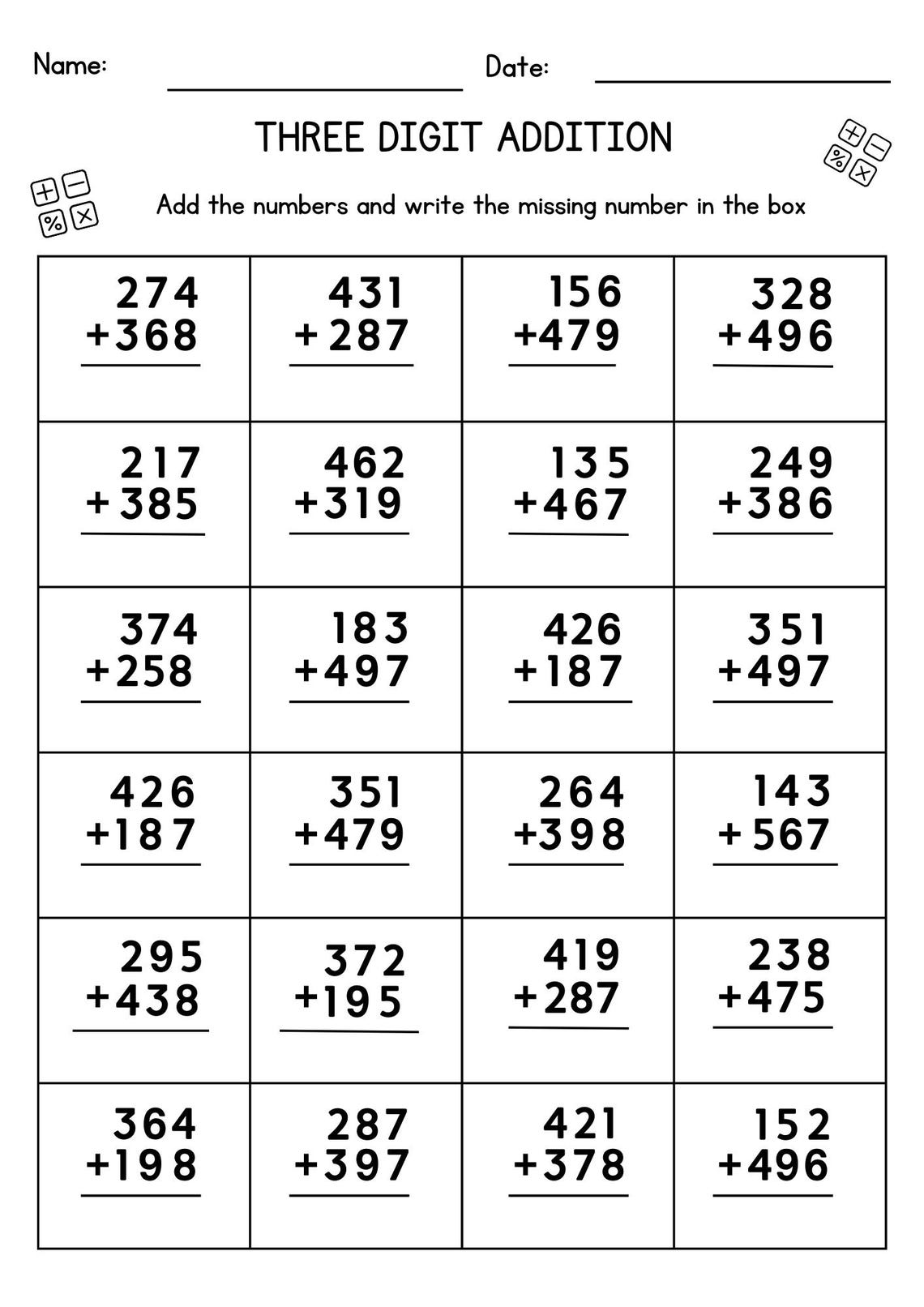 10 Printable 3-digit Addition Worksheets for 2nd Grade, 3rd Grade Math ...