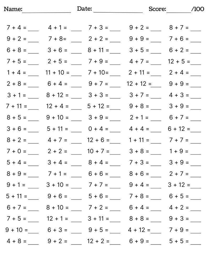 10 Printable Addition Worksheets, Fill in the Blanks - Single and ...