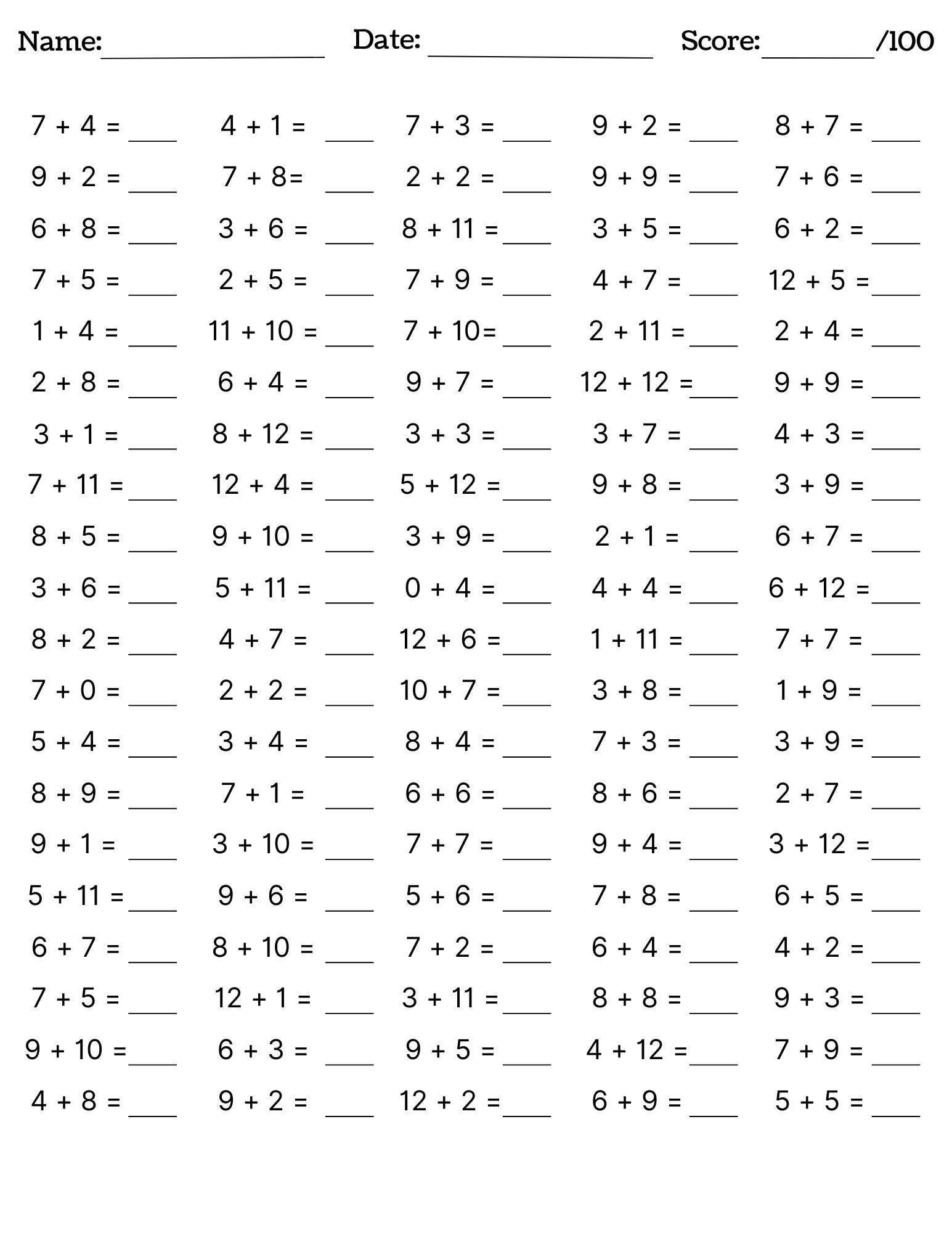 10 Printable Addition Worksheets, Fill in the Blanks - Single and ...