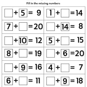 10 Printable Additition Fill in the Blanks Worksheets numbers 1-20 for ...