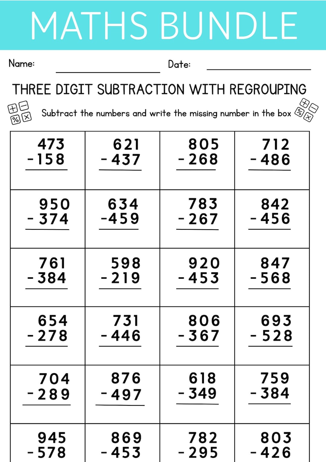30 Pages of 3-digit Addition & Subtraction Worksheets Bundle – With and ...