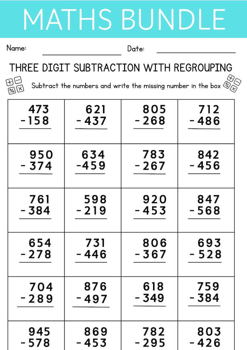 30 Pages of 3-digit Addition & Subtraction Worksheets Bundle – With and ...