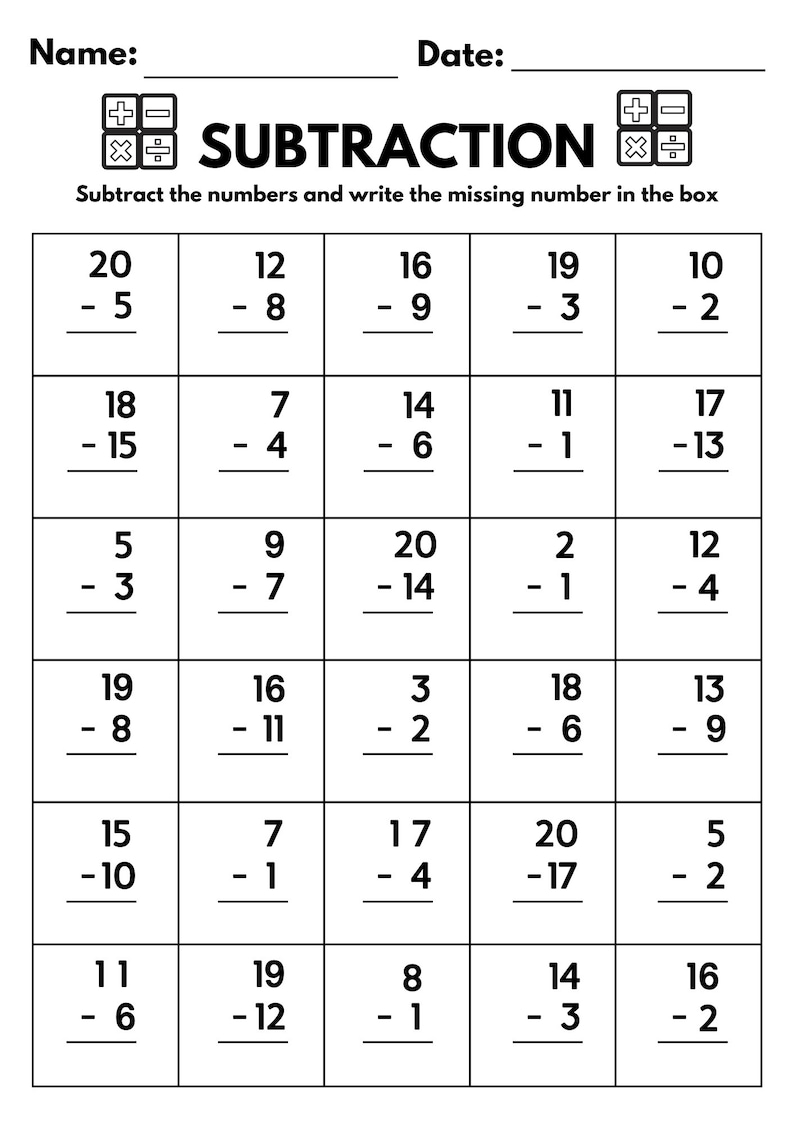 10 Printable Subtraction Fill in the Blanks Worksheets (numbers 1-20 ...