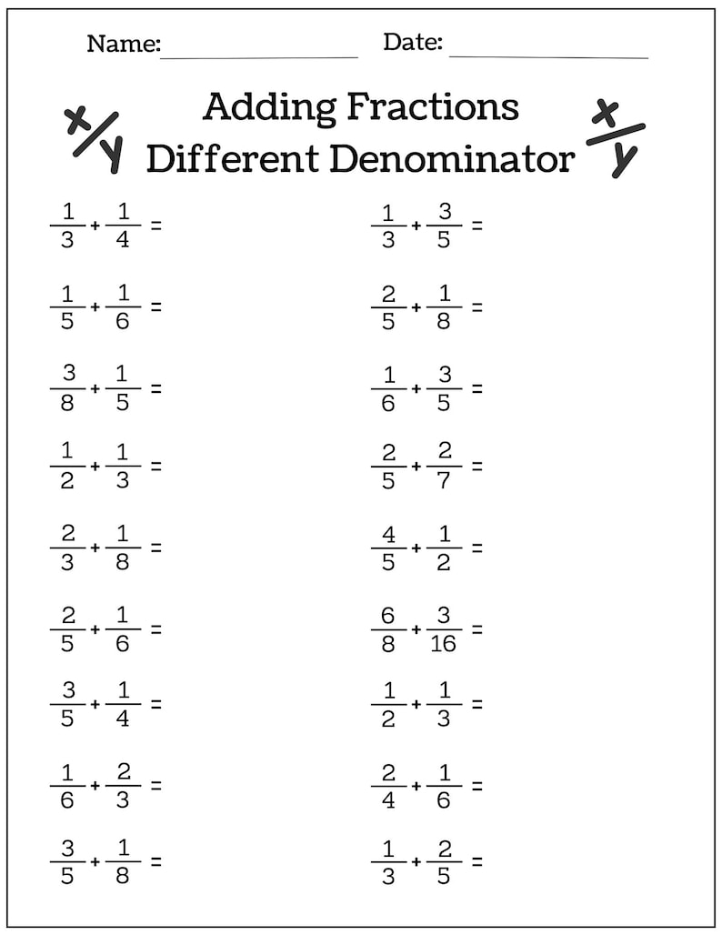 10 Printable Adding Fractions Worksheets With Different Denominators ...
