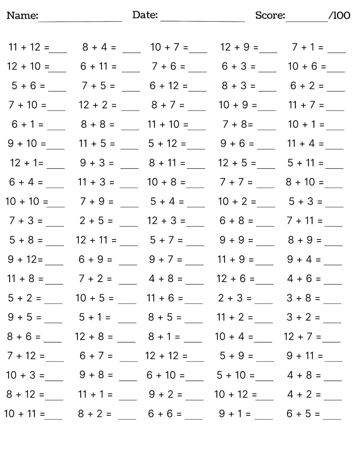 10 Printable Addition Worksheets, Fill in the Blanks - Single and ...