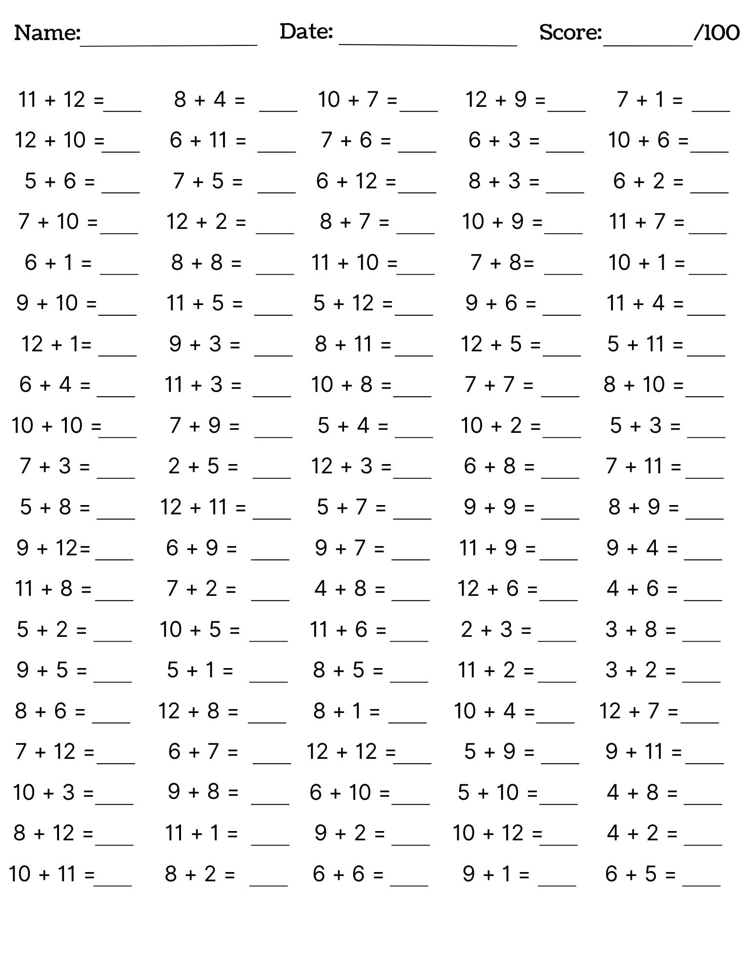 10 Printable Addition Worksheets, Fill in the Blanks - Single and ...