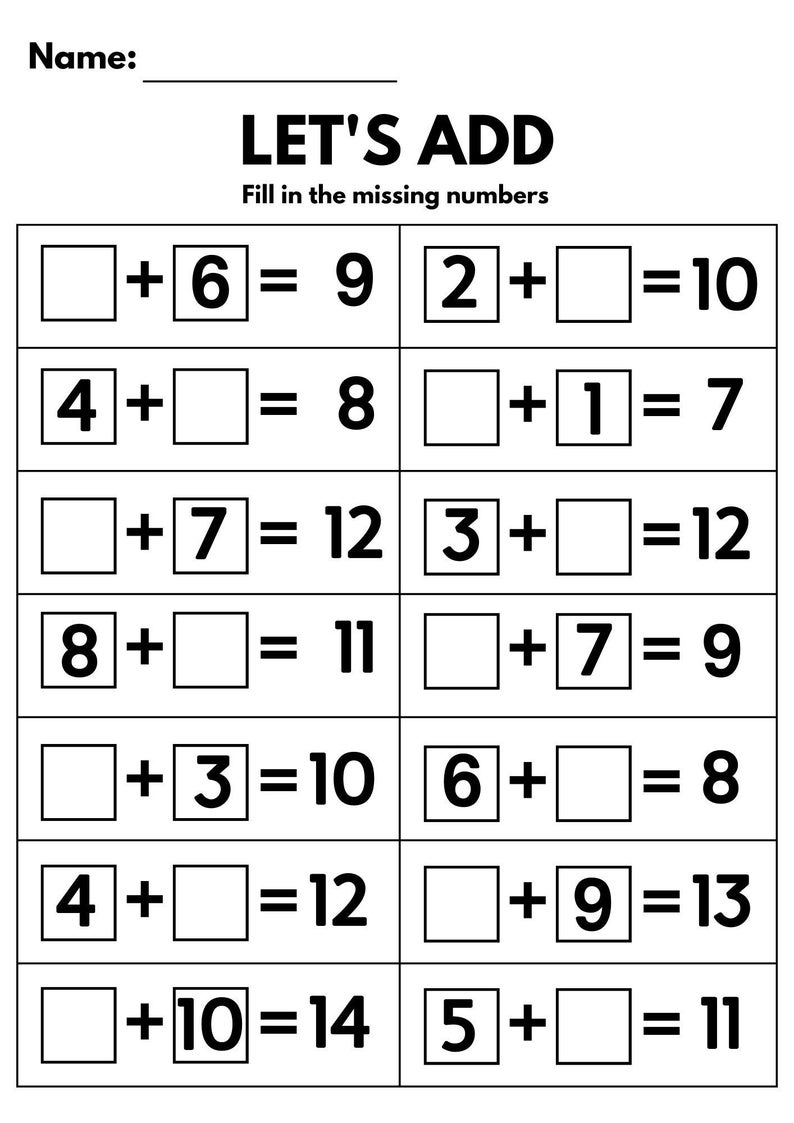 10 Printable Additition Fill in the Blanks Worksheets numbers 1-20 for ...