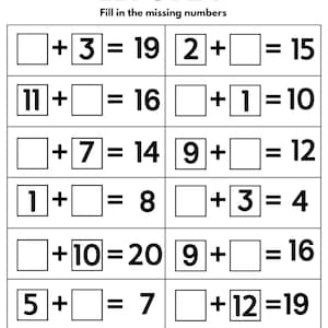 10 Printable Additition Fill in the Blanks Worksheets numbers 1-20 for ...