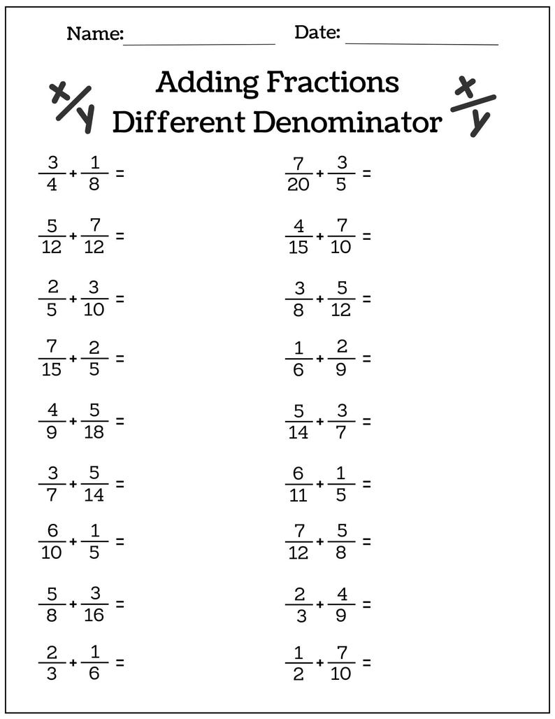 10 Printable Adding Fractions Worksheets With Different Denominators ...