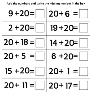 60 Printable Addition Fill in the Blanks Worksheets (numbers 1-20) for ...