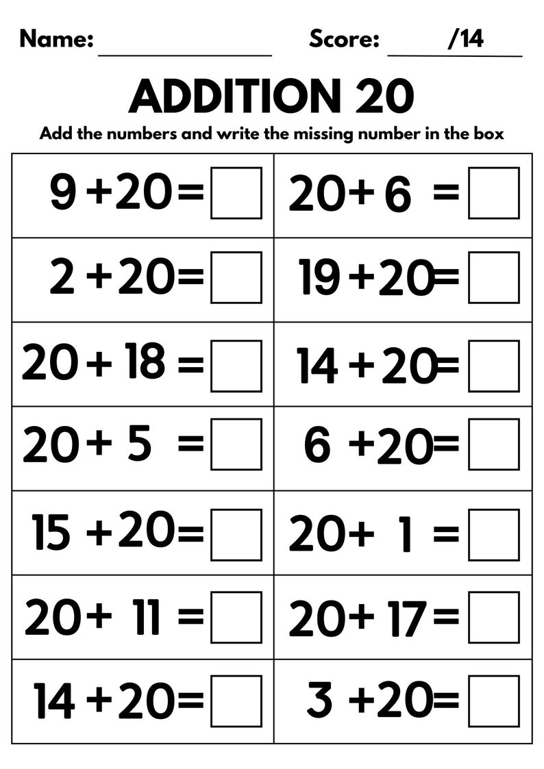 60 Printable Addition Fill in the Blanks Worksheets (numbers 1-20) for ...