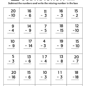 10 Printable Subtraction Fill in the Blanks Worksheets numbers 1-20 for ...