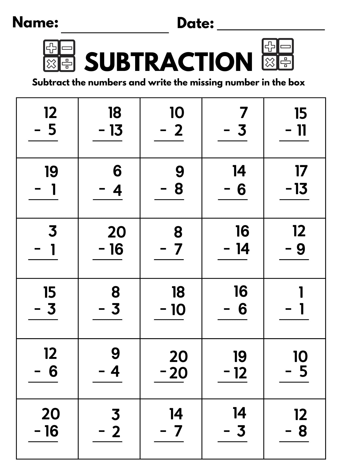 10 Printable Subtraction Fill in the Blanks Worksheets (numbers 1-20 ...