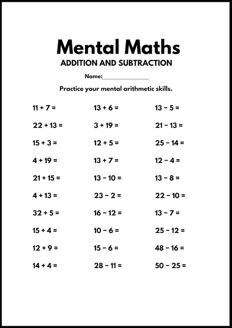 7 Printable Additition and Subtraction Worksheets, Mental Maths ...
