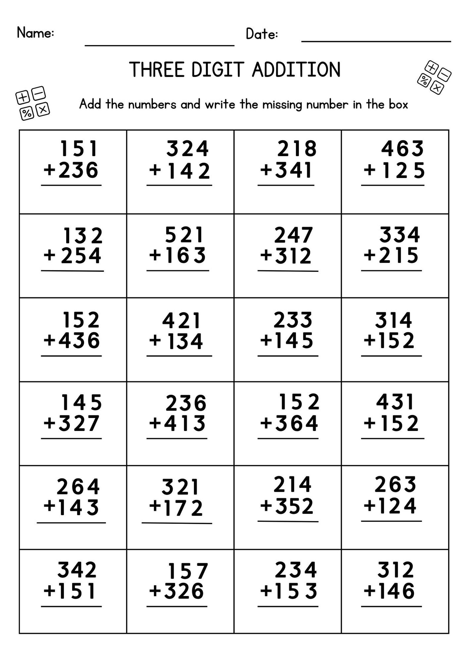 10 Printable 3-digit Addition Worksheets for 2nd Grade, 3rd Grade Math ...