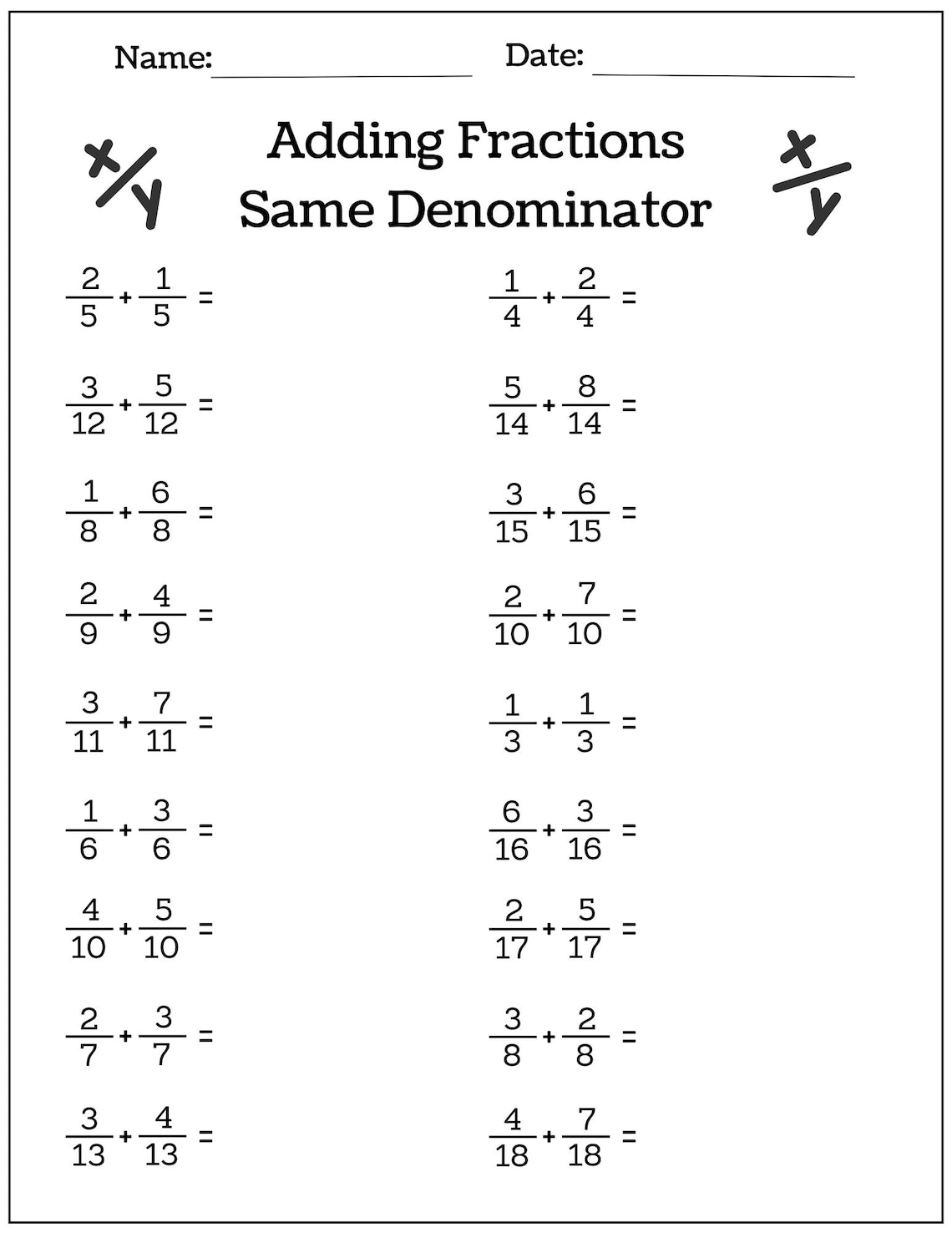 10 Printable Adding Fractions Worksheets With Same Denominators ...