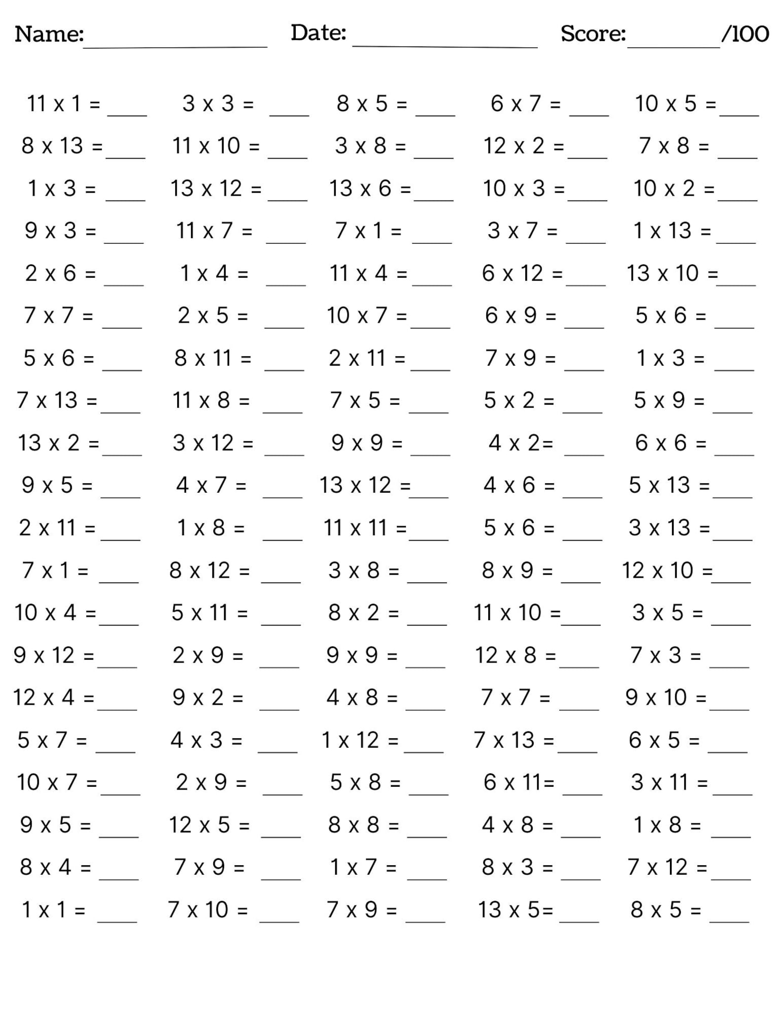 10 Printable Multiplication Worksheets, Fill in the Blanks - Single and ...