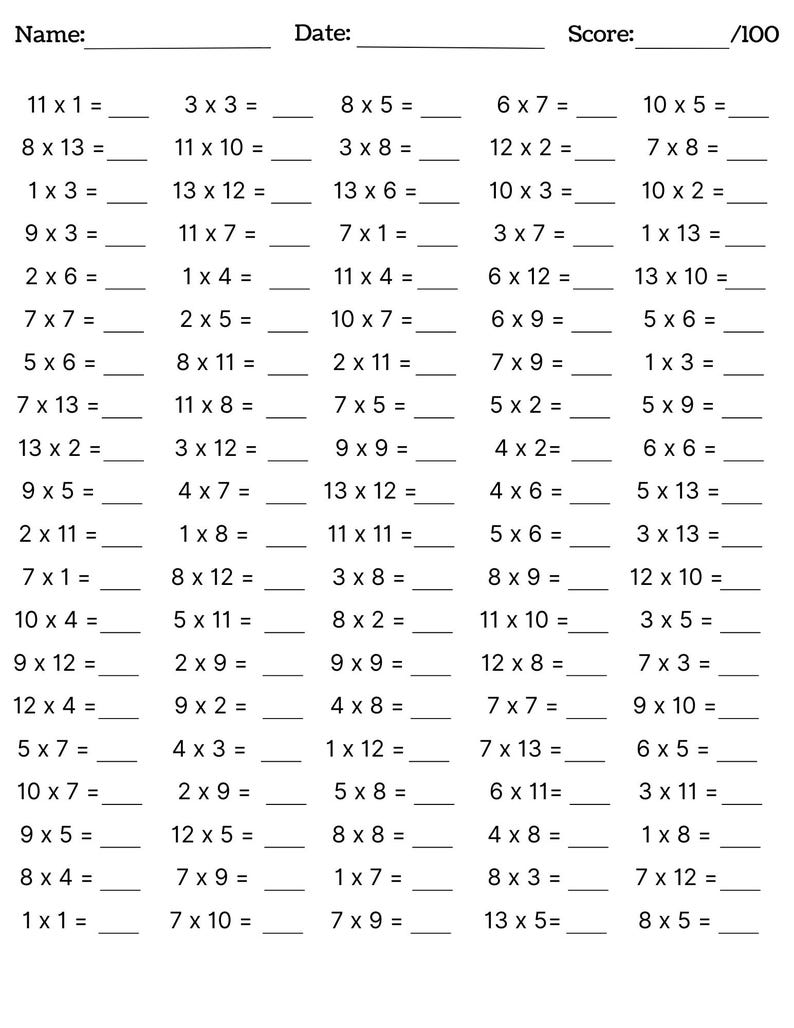 10 Printable Multiplication Worksheets, Fill in the Blanks - Single and ...