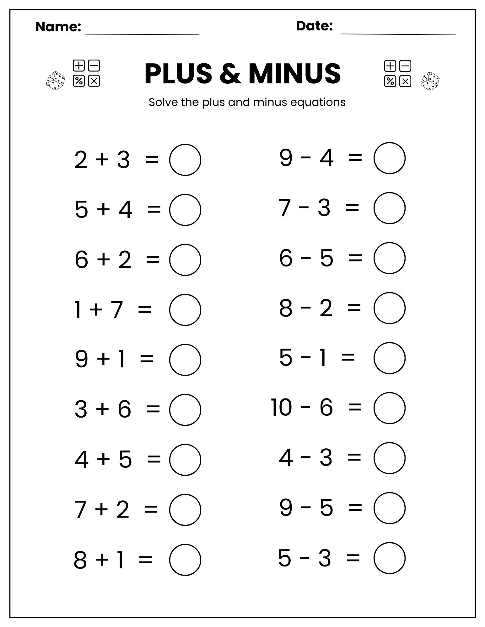 10 Printable Addition & Subtraction Worksheets, Fill in the Blanks ...