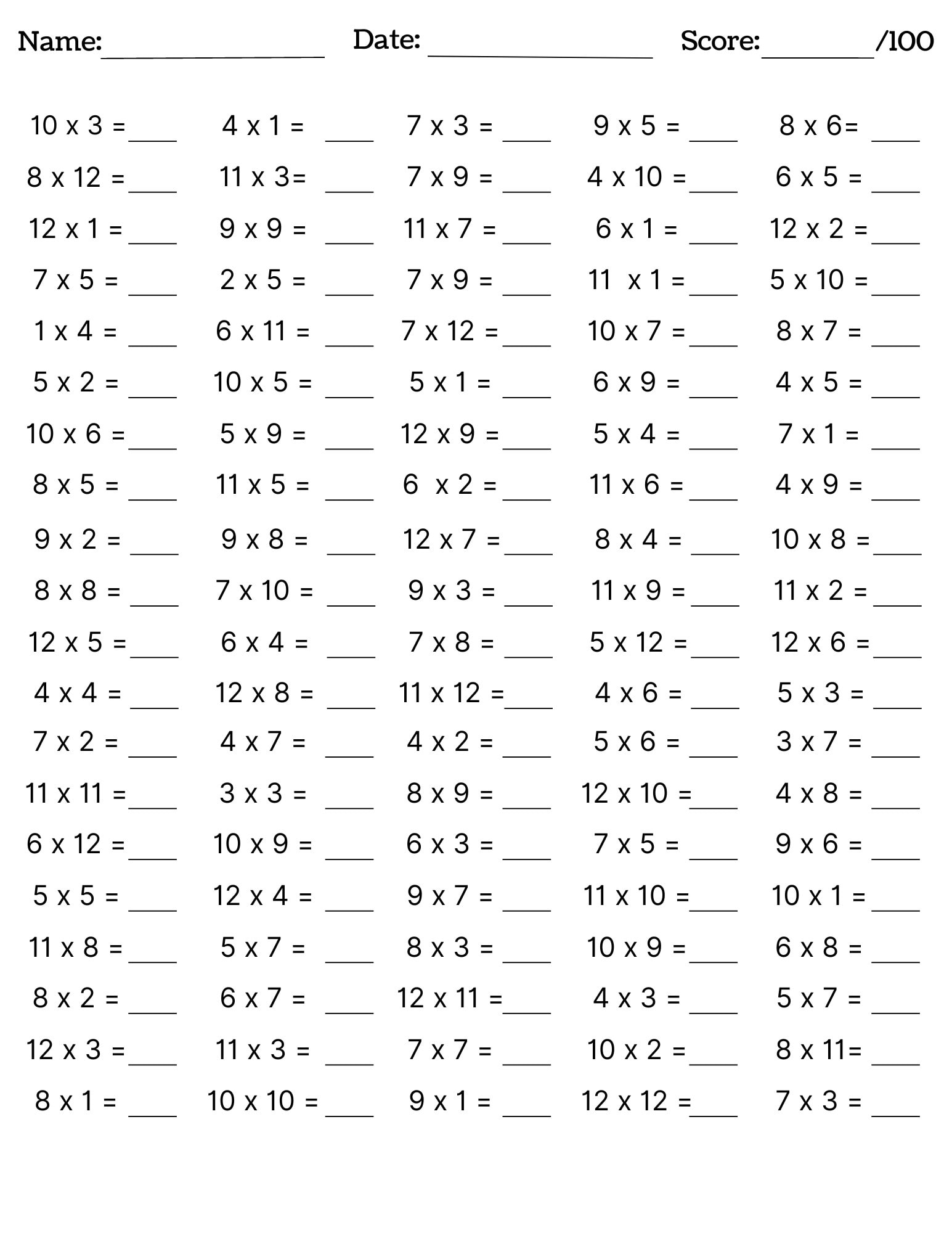 10 Printable Maths Drills Multiplications Worksheets (1-12x), Times ...
