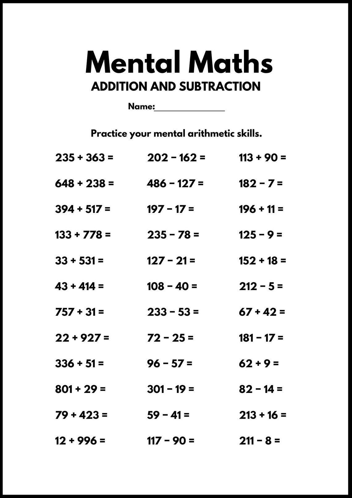 7 Printable Additition and Subtraction Worksheets, Mental Maths ...
