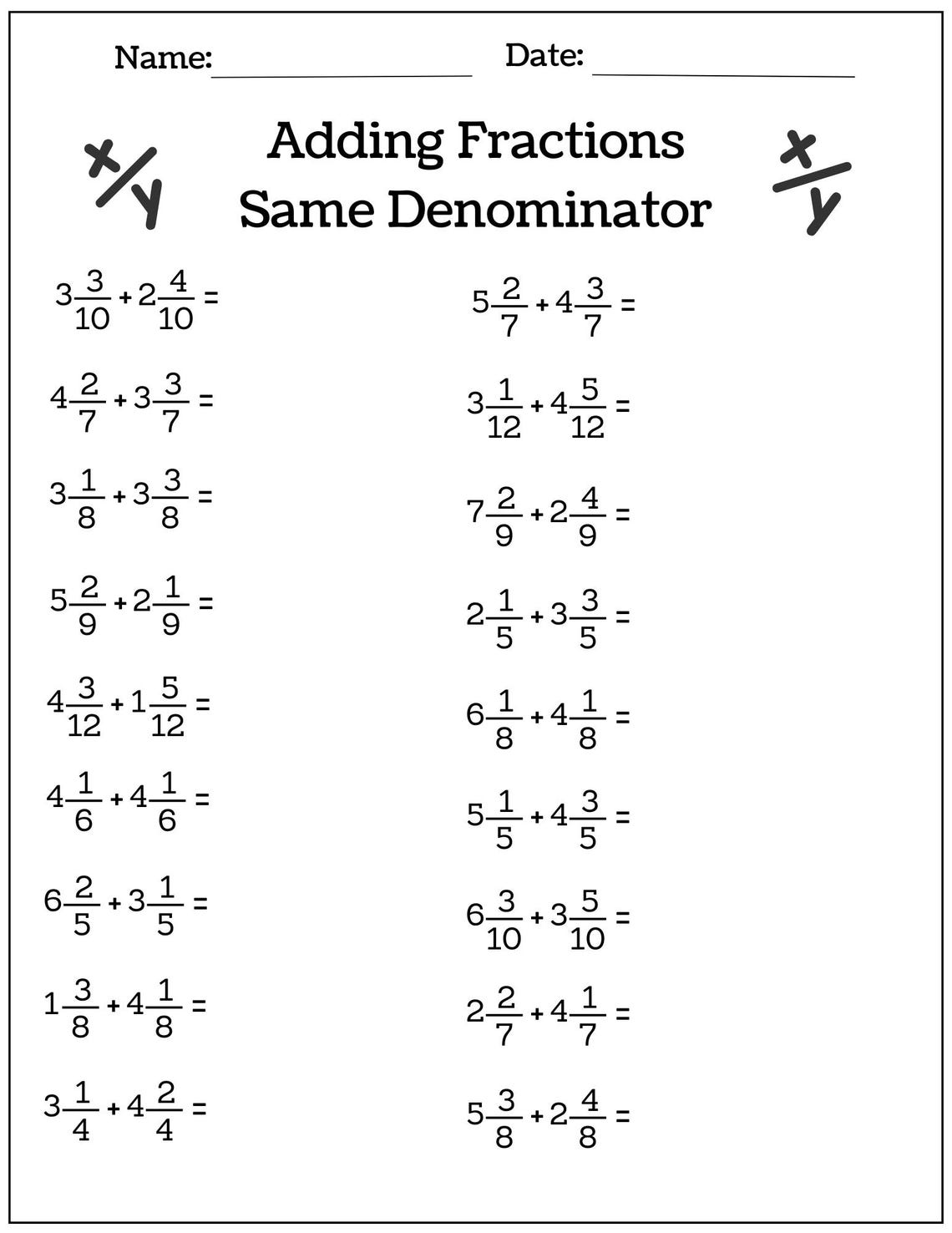 10 Printable Adding Mixed Numbers Fractions Worksheets (same ...