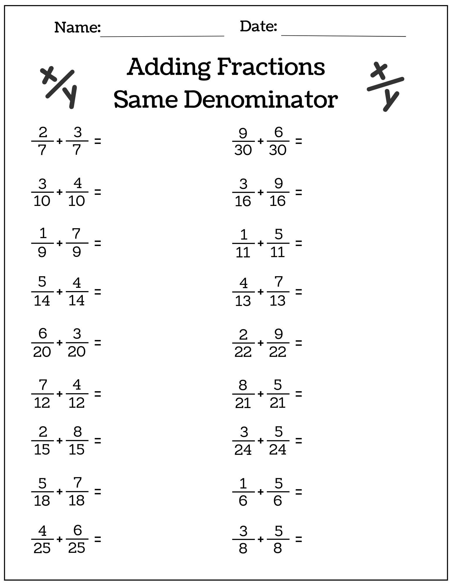 10 Printable Adding Fractions Worksheets With Same Denominators ...