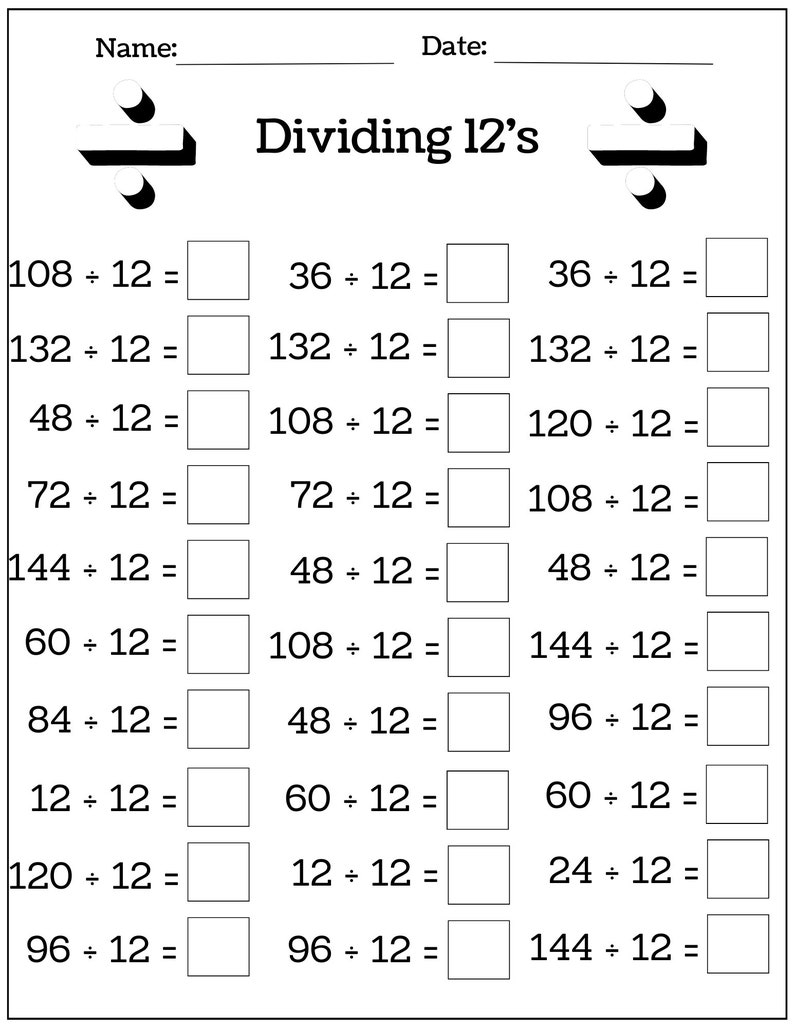 24 Printable Multiplication and Division Worksheets (1-12), Fill in the ...