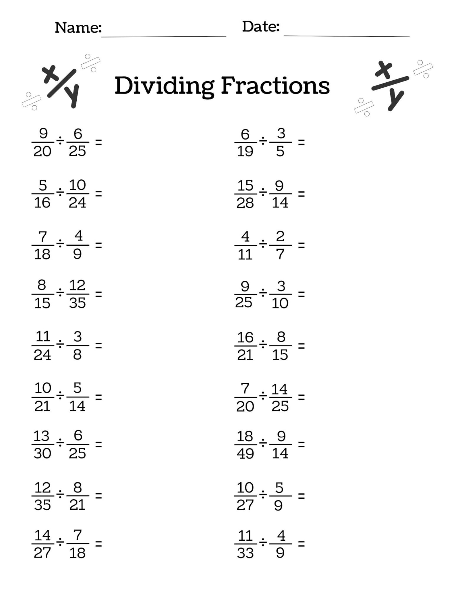 10 Printable Dividing Fractions Worksheets, Math Drills, Answers ...