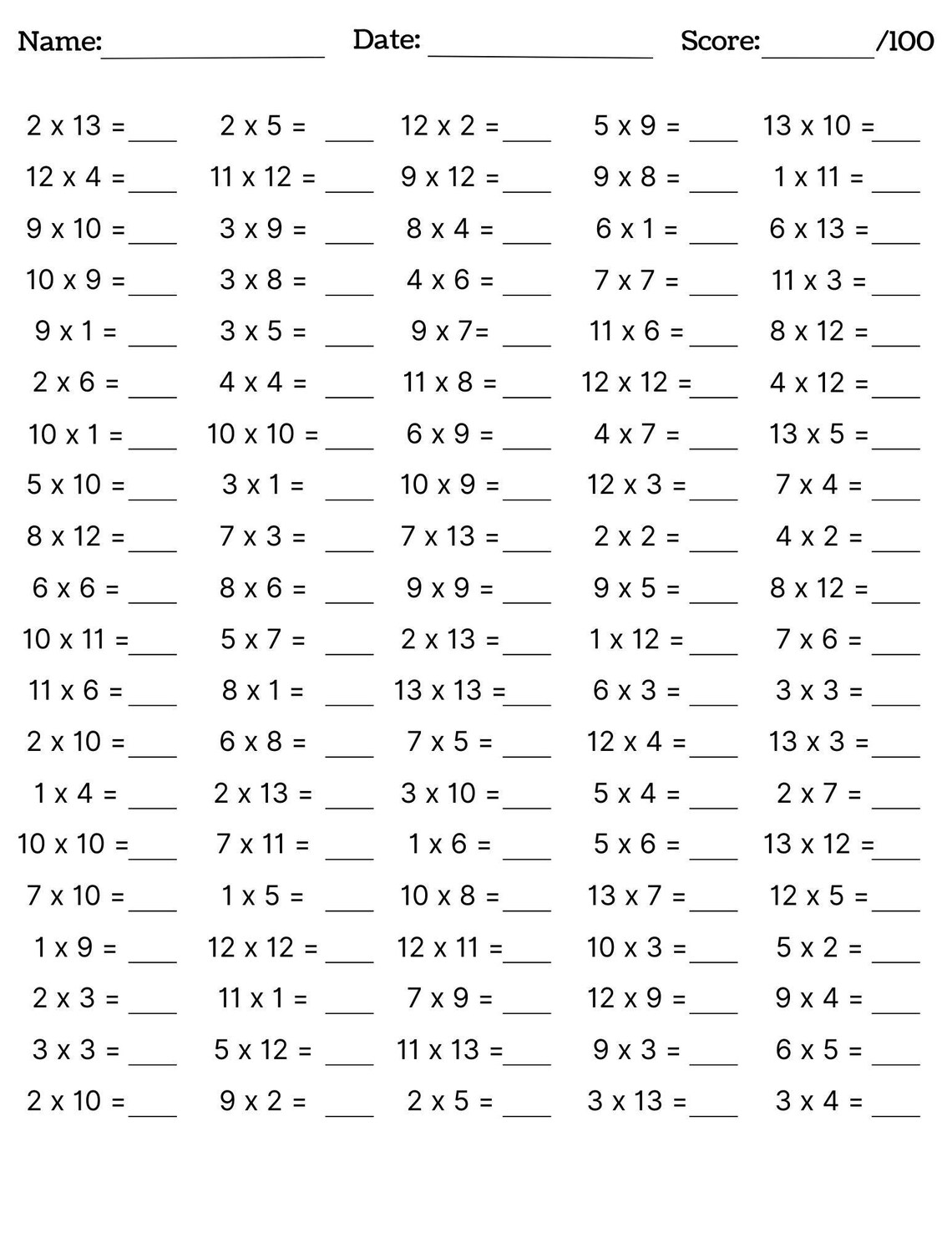 10 Printable Multiplication Worksheets, Fill in the Blanks - Single and ...