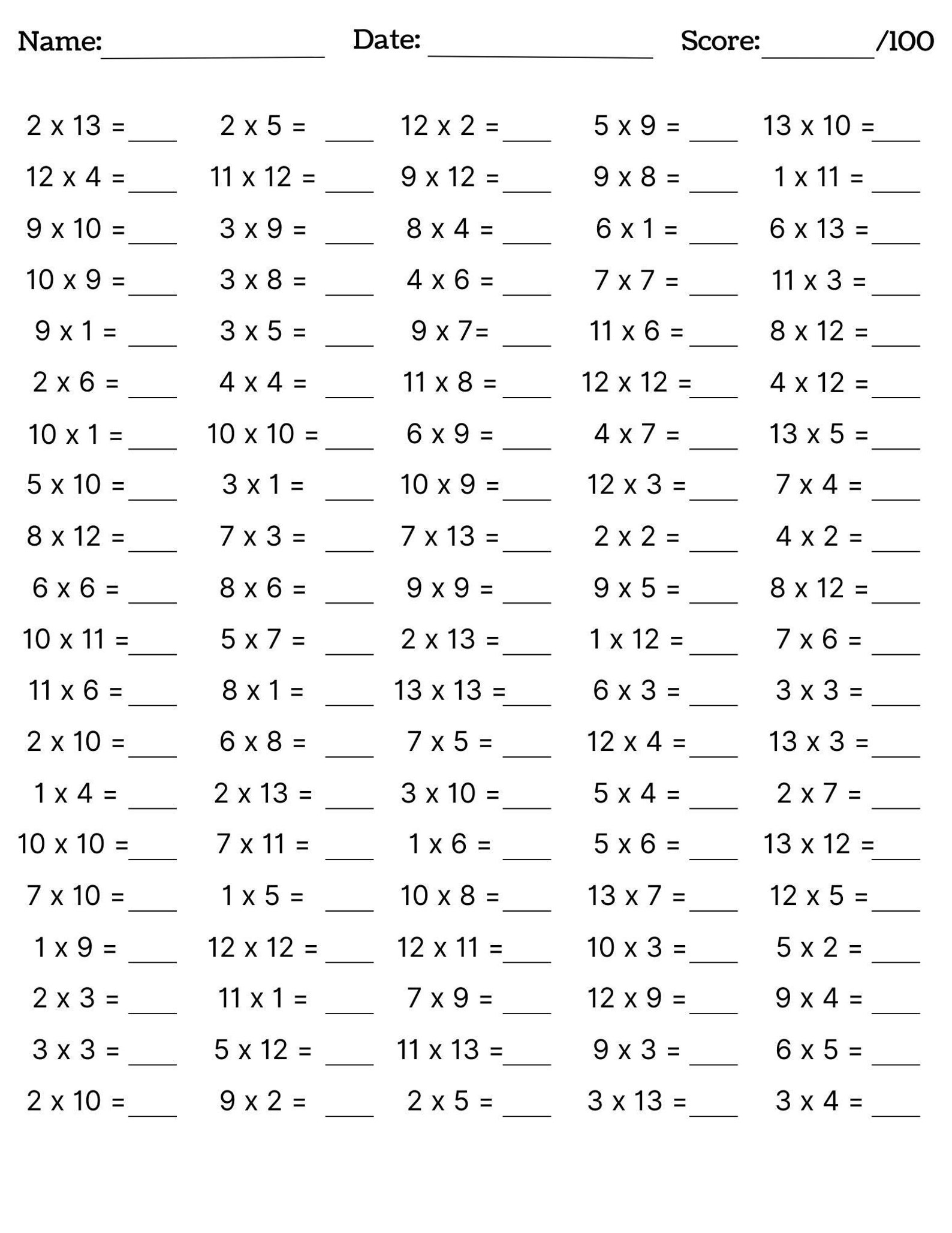 10 Printable Multiplication Worksheets, Fill in the Blanks - Single and ...