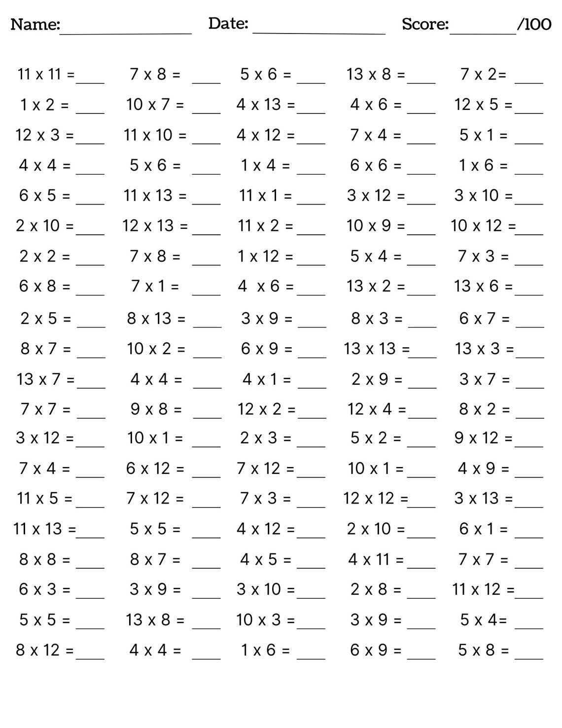 10 Printable Multiplication Worksheets, Fill in the Blanks - Single and ...