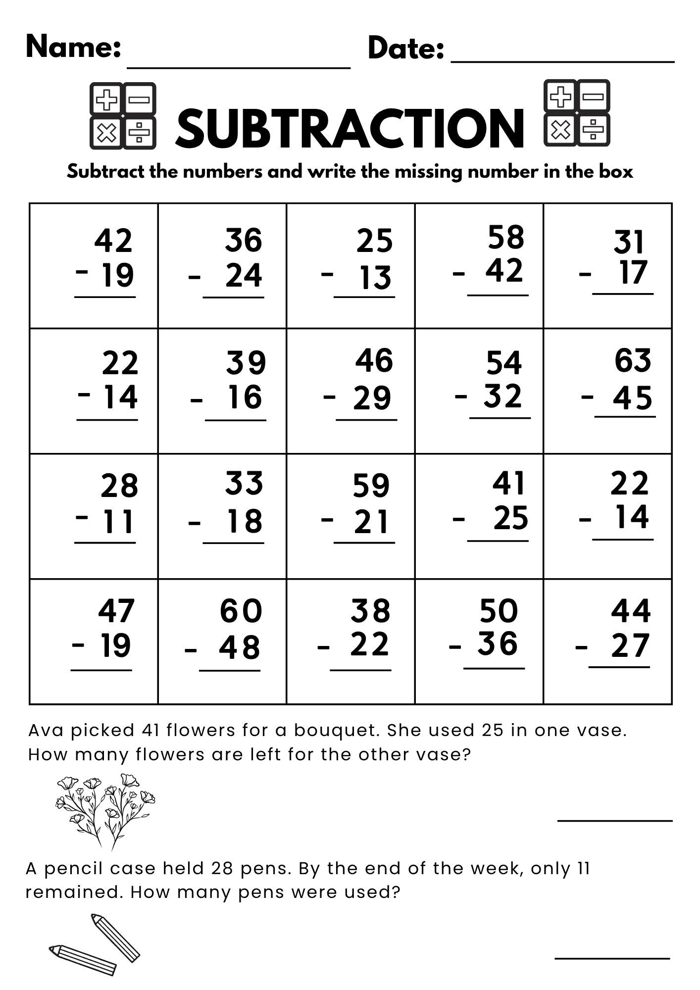 10 Printable Two-digit Subtraction Worksheets – With & Without ...